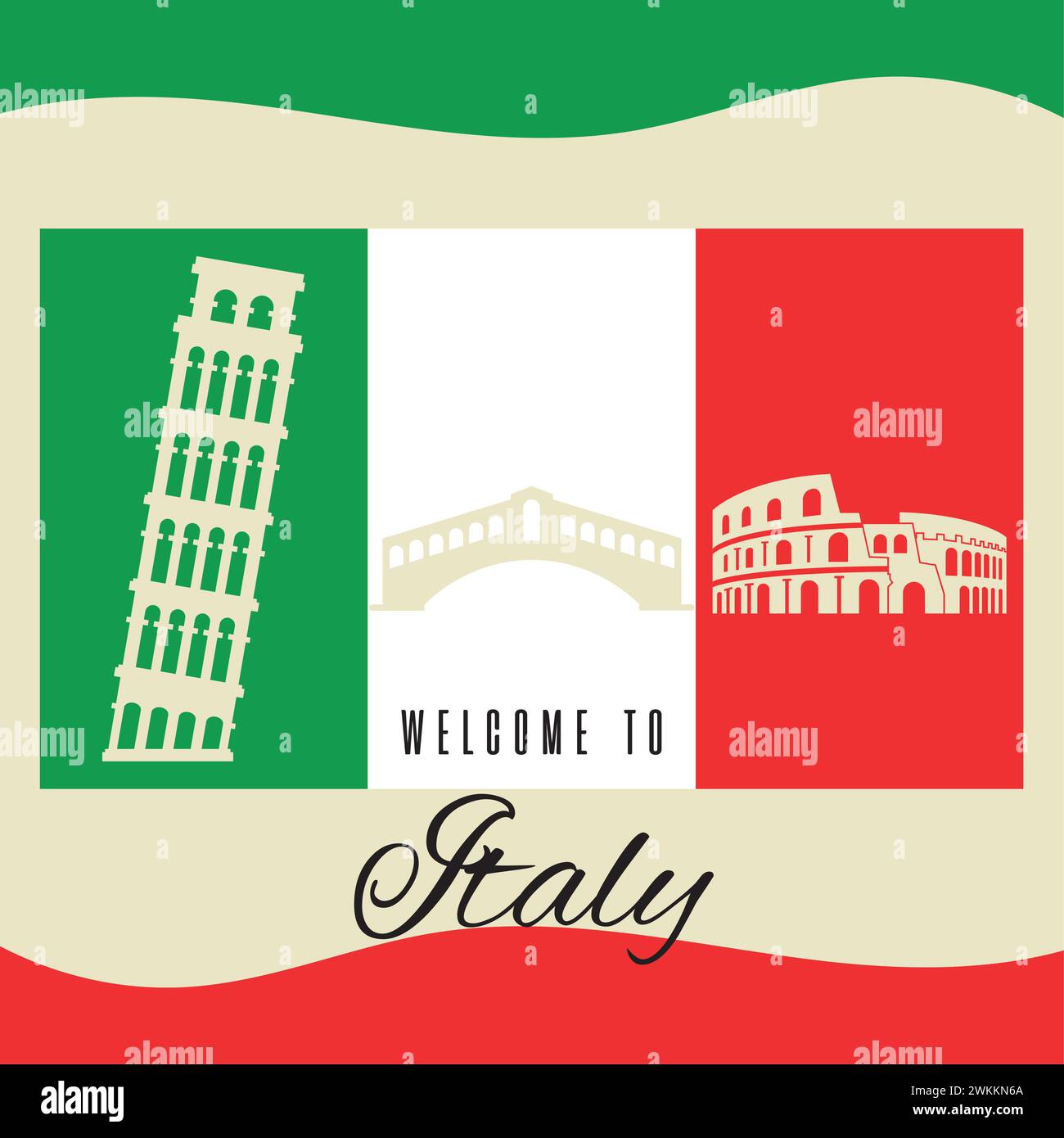 Italy flag with silhouette of famous landmarks Italy travel postcard ...