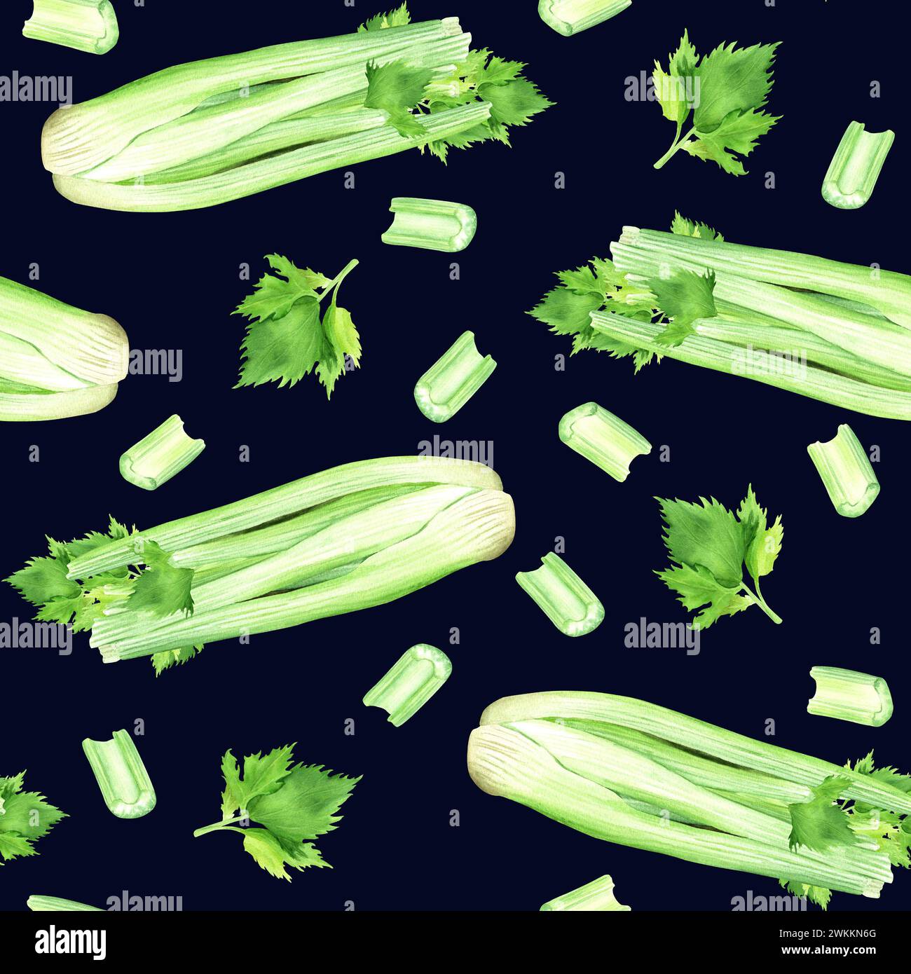 Watercolor seamless pattern with green vegetable celery and leaves. For ...