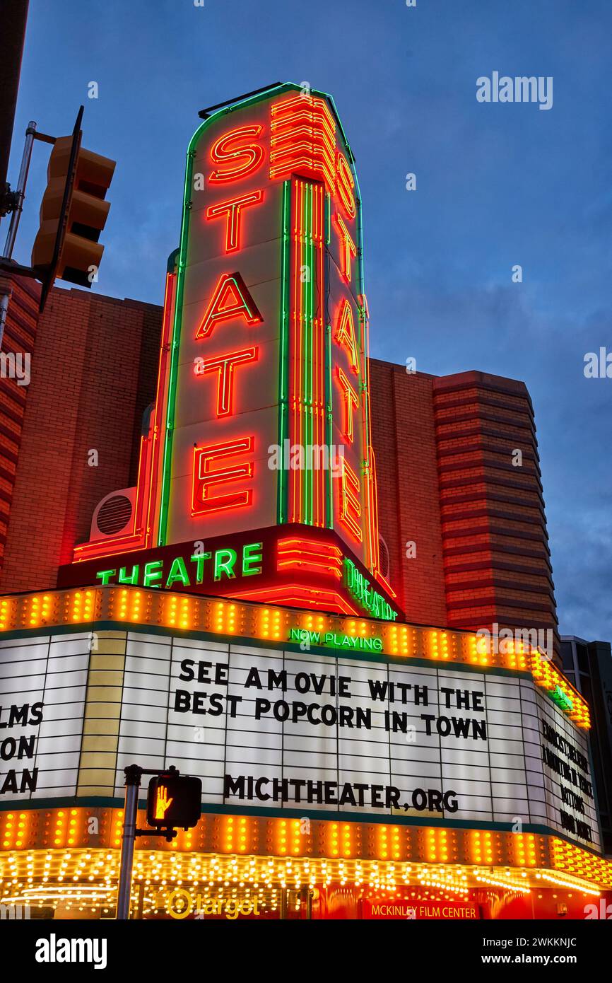Colorful Neon Marquee of State Theatre at Twilight Stock Photo - Alamy