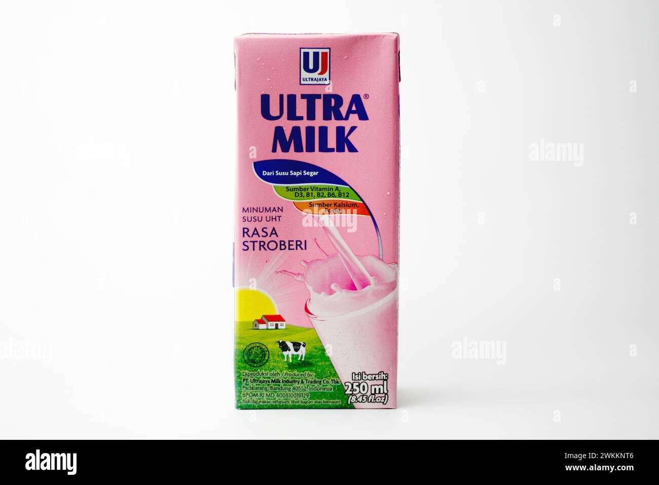 Close up a pack of Ultra Milk Strawberry flavour isolated on white ...