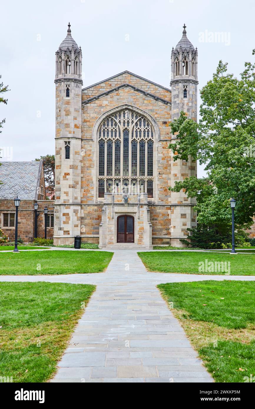 Gothic University Building with Arch Window and Spires, Peaceful Campus ...