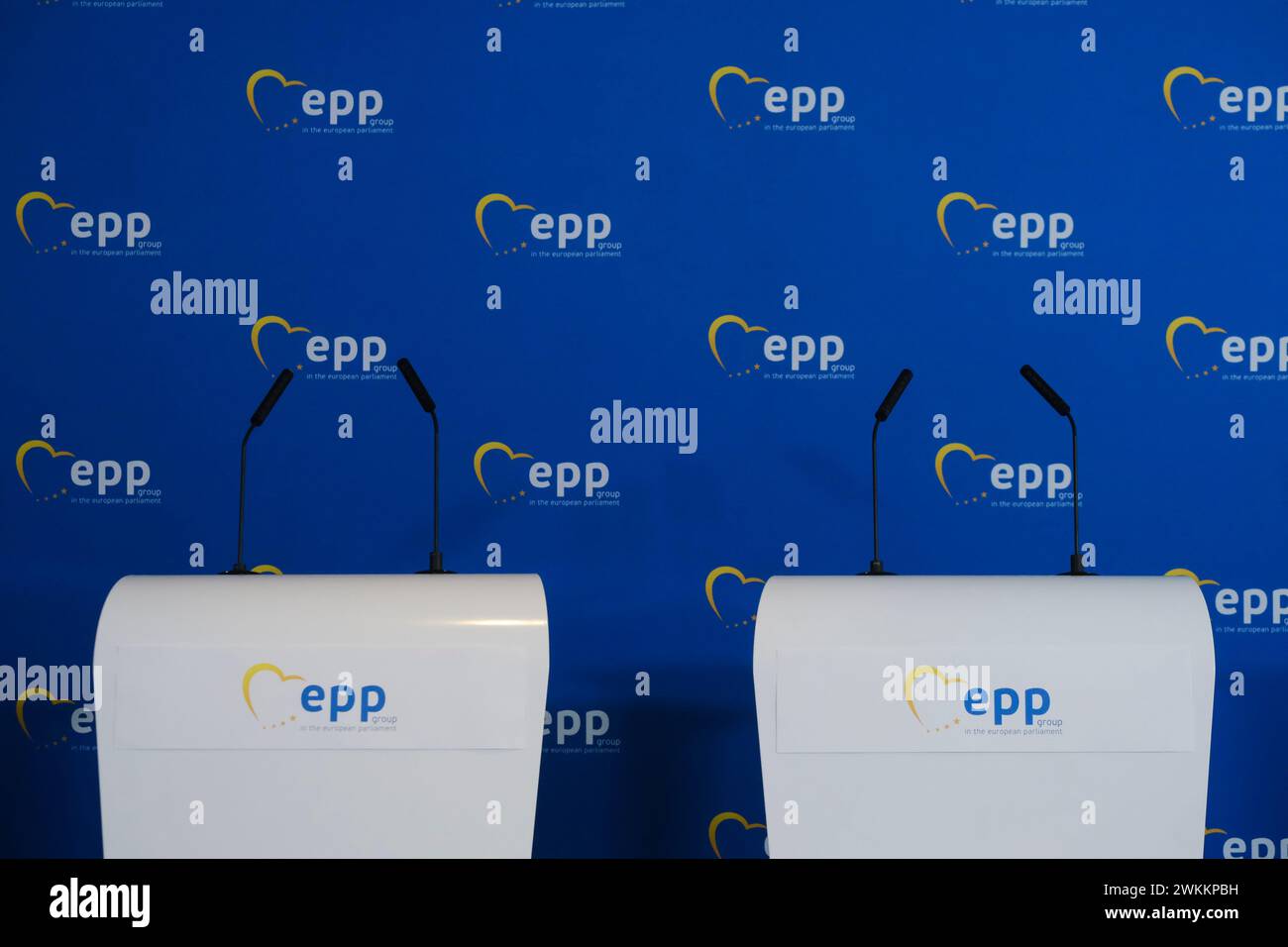 Brussels, Belgium. 21st Feb, 2024. A press podium prior the press ...