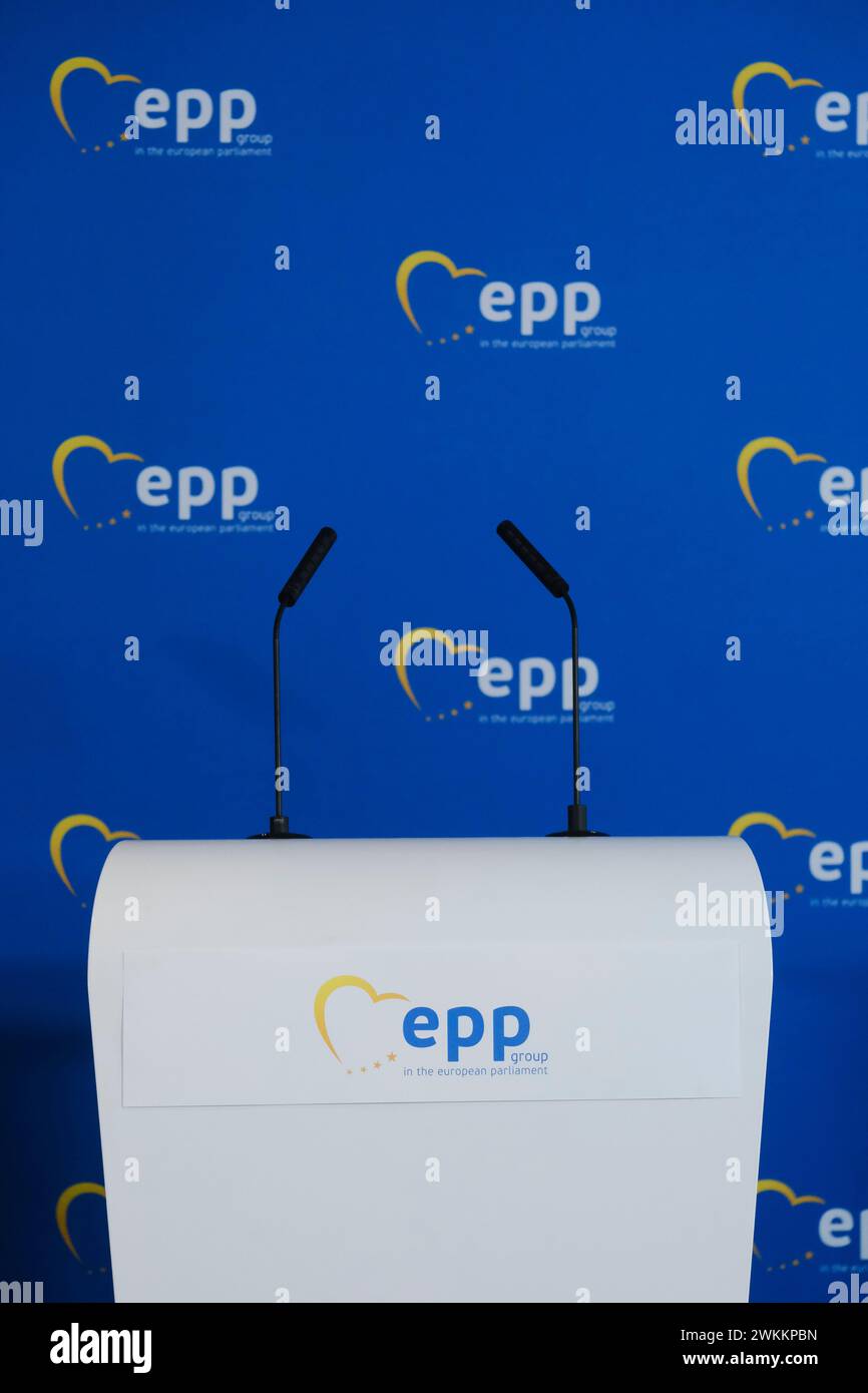 Brussels, Belgium. 21st Feb, 2024. A press podium prior the press ...