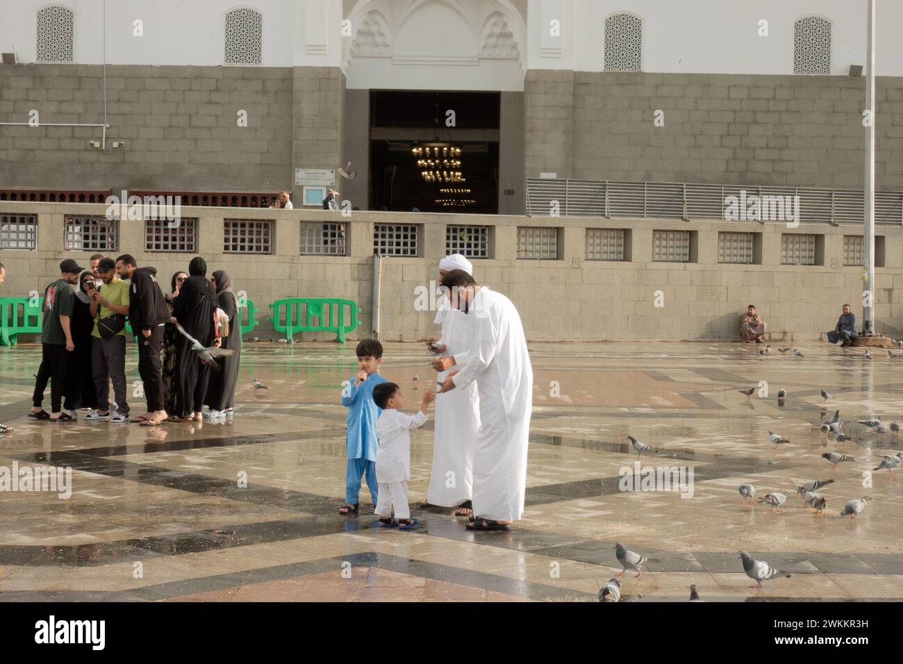 Father and son feeding pigeons in mosque courtyard, the Quba Mosque ...