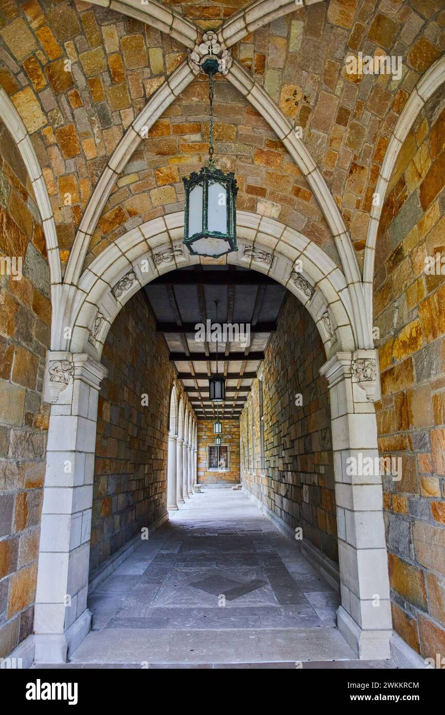 Stone Corridor with Arches and Lantern at University of Michigan Stock ...