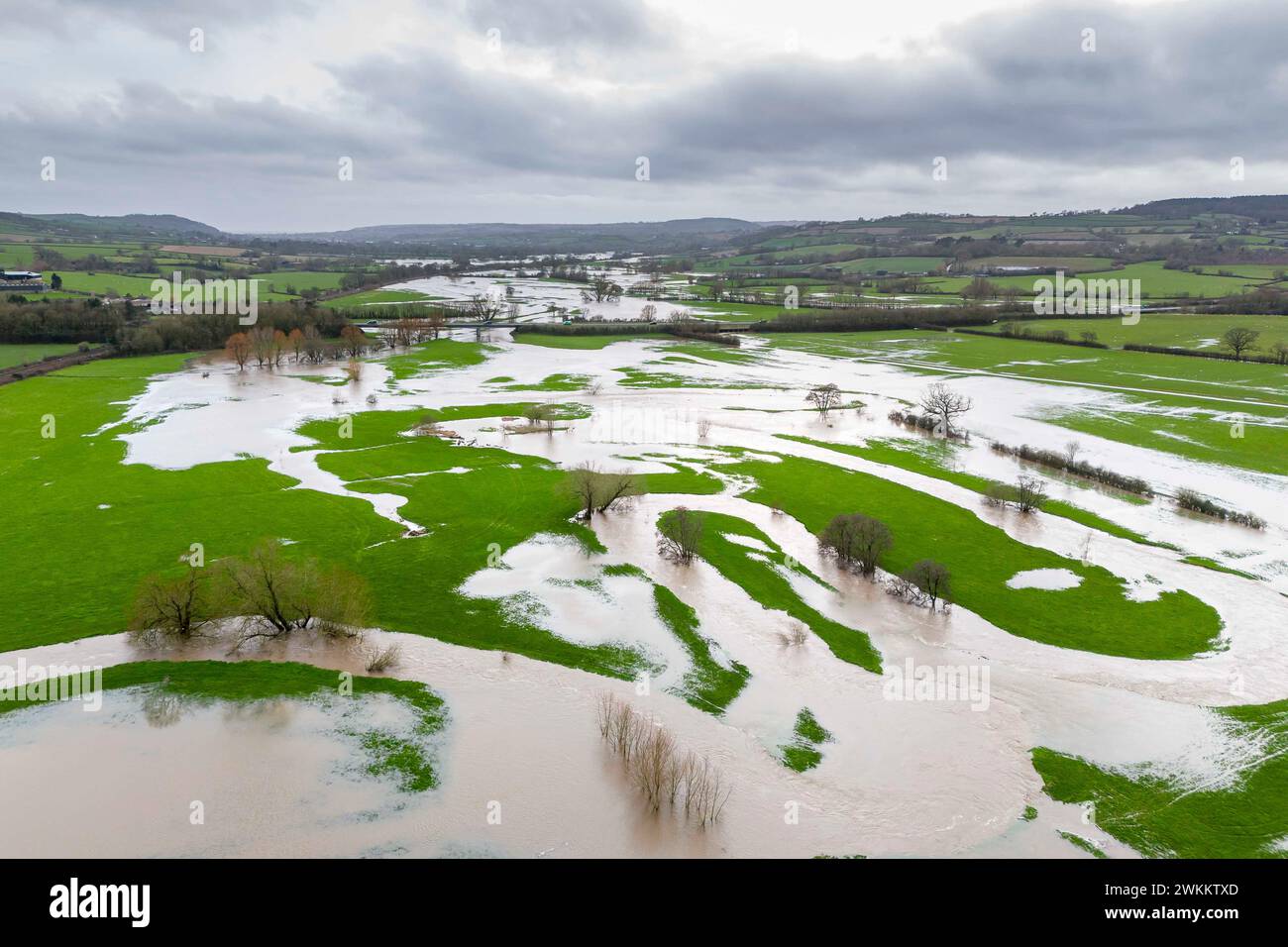 Axminster, Devon, UK. 21st February 2024. UK Weather. Flooded fields at ...