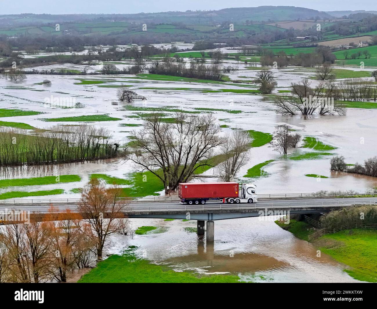 Axminster, Devon, UK. 21st February 2024. UK Weather. Flooded fields at ...
