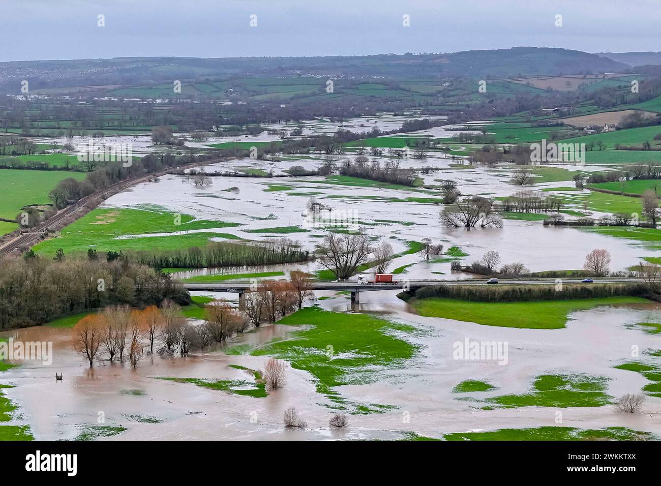 Axminster, Devon, UK. 21st February 2024. UK Weather. Flooded fields at ...