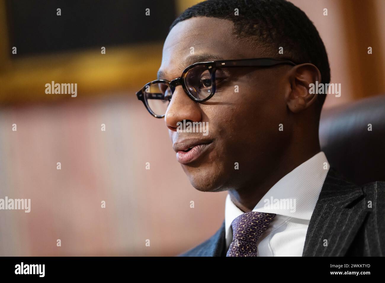 Cleveland, Ohio mayor Justin Bibb speaks to a reporter at city hall ...