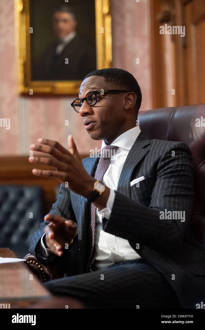 Cleveland, Ohio mayor Justin Bibb speaks to a reporter at city hall ...