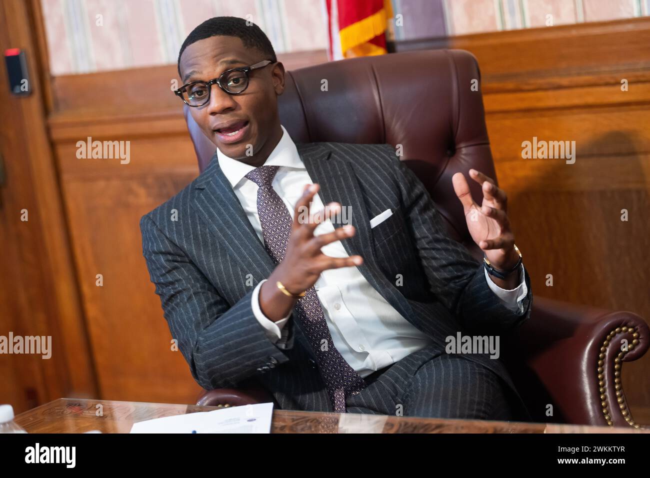 Cleveland, Ohio mayor Justin Bibb speaks to a reporter at city hall ...
