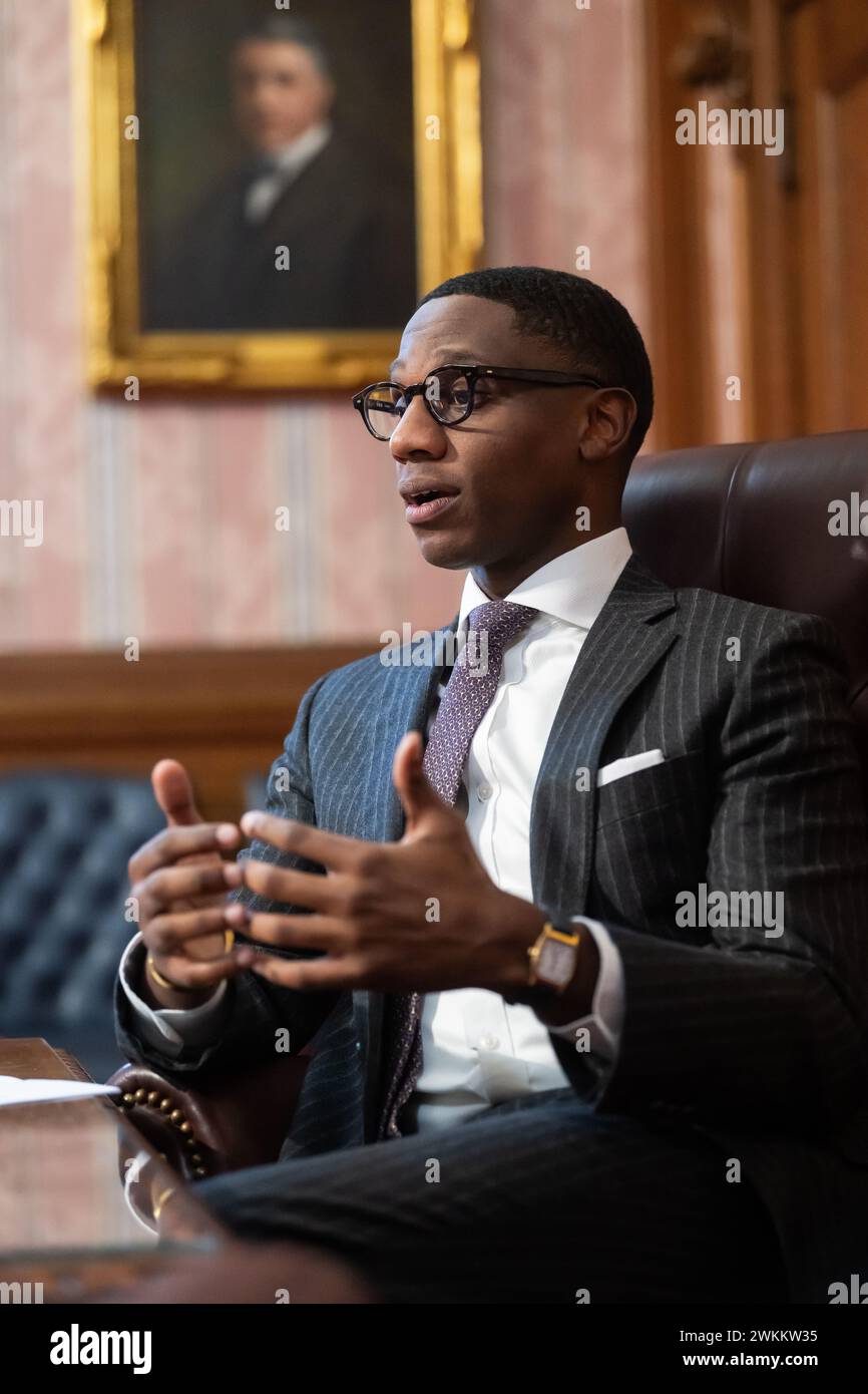 Cleveland, Ohio mayor Justin Bibb speaks to a reporter at city hall ...