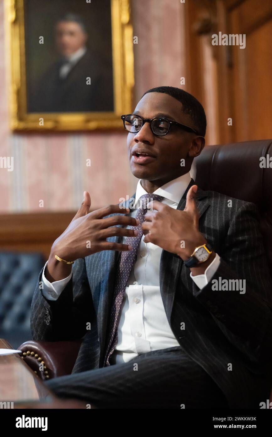 Cleveland, Ohio mayor Justin Bibb speaks to a reporter at city hall ...