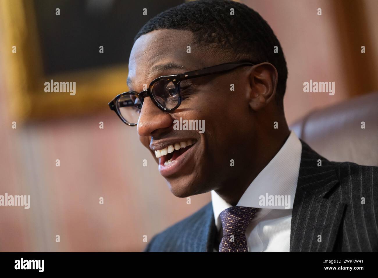 Cleveland, Ohio mayor Justin Bibb speaks to a reporter at city hall ...