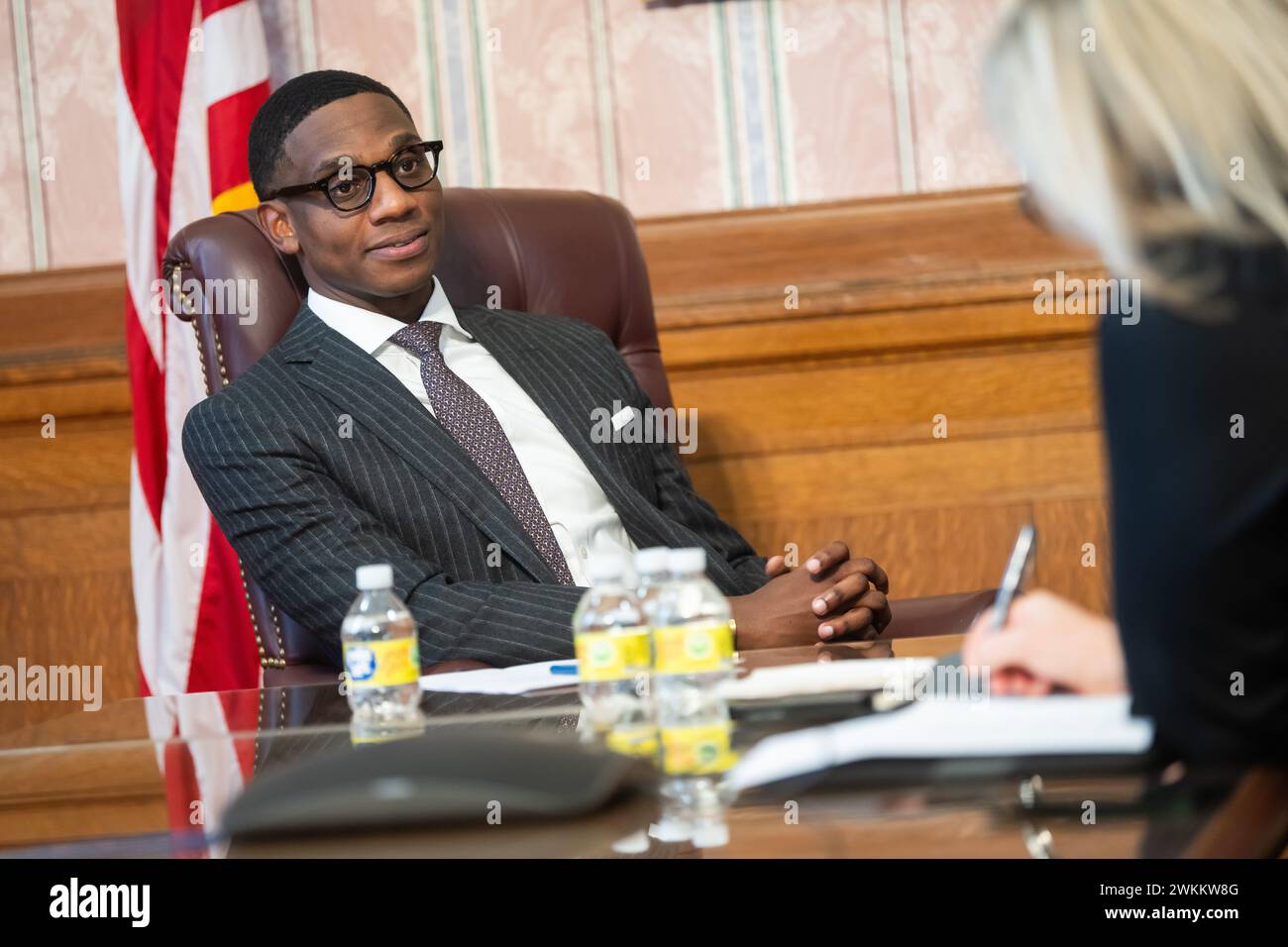 Cleveland, Ohio mayor Justin Bibb speaks to a reporter at city hall ...