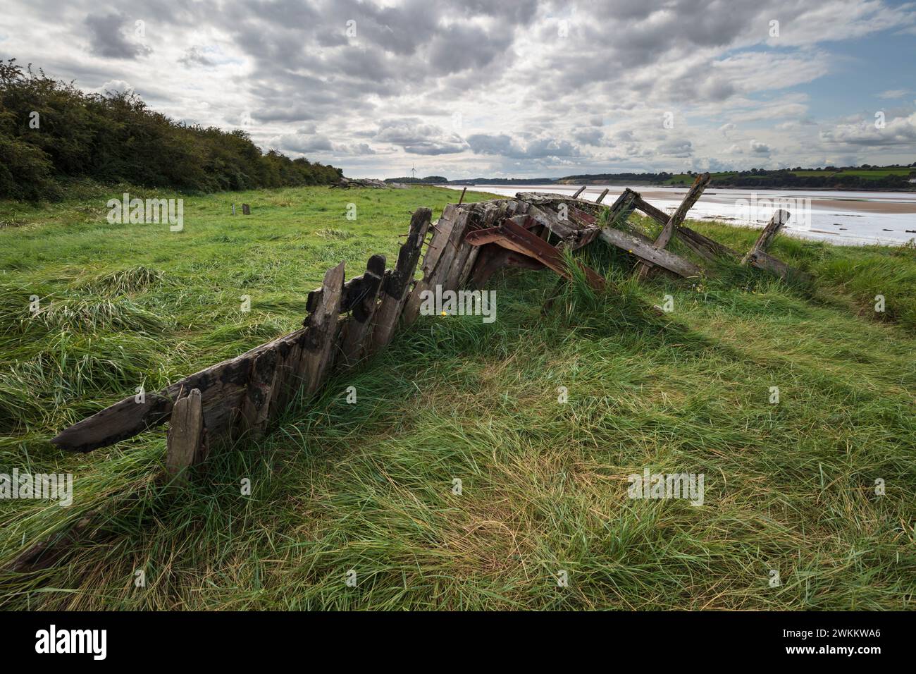 Rotting wooden hulls of ships grounded on the banks of the River Severn ...