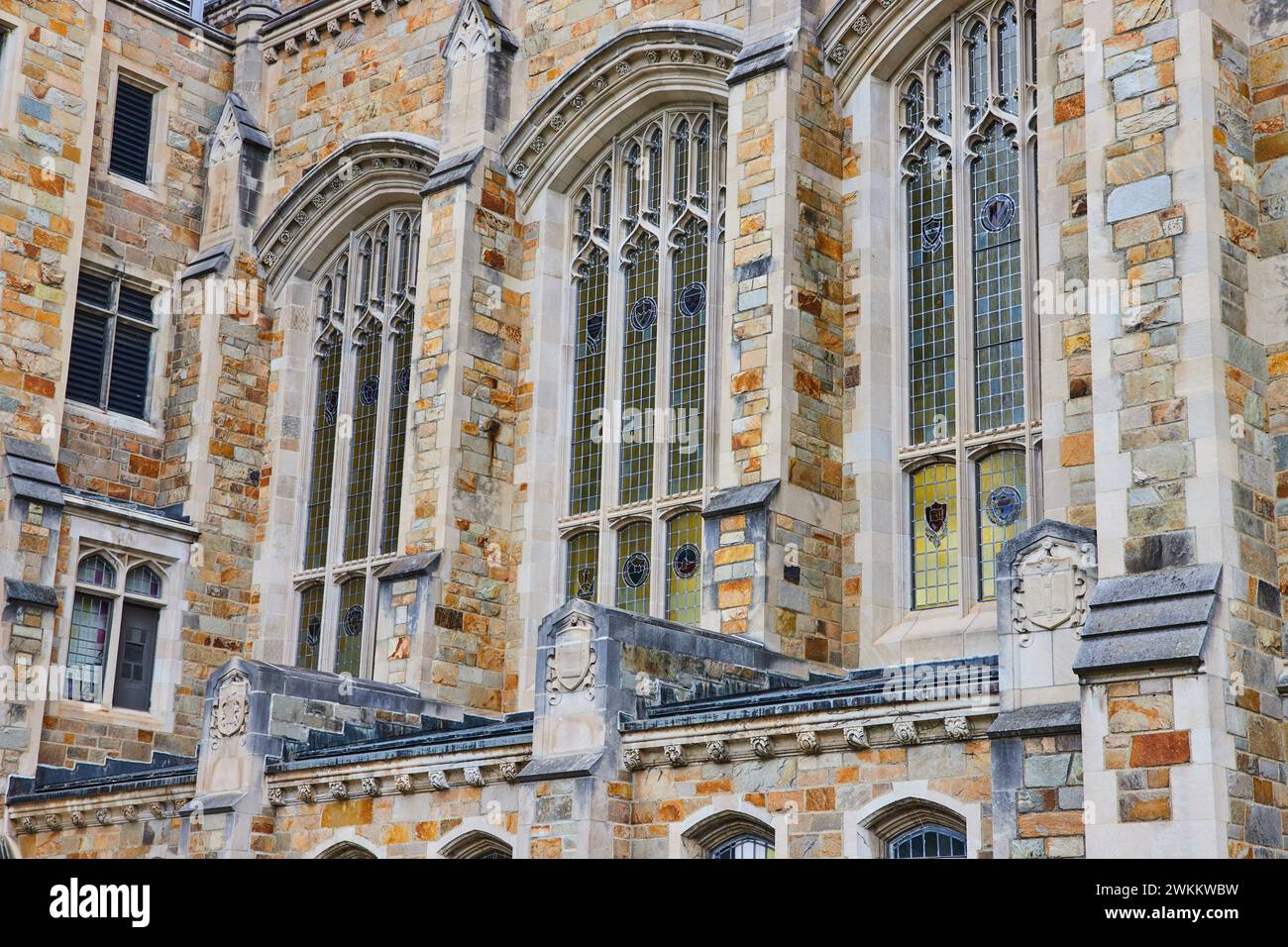 Gothic Revival Windows at University of Michigan, Low-Angle View Stock ...