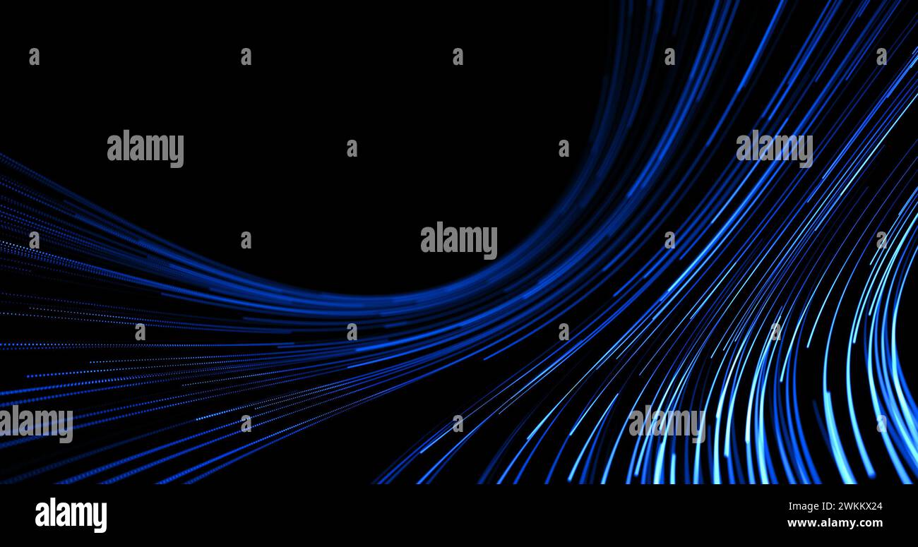 Descending and expanding stream of moving blue lines on black ...