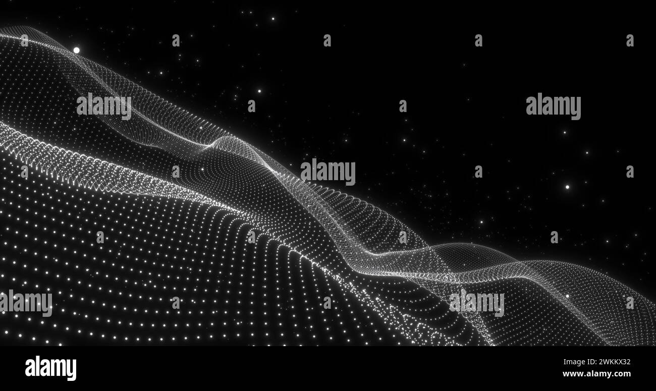 Abstract slide made of a grid of white particles floating on waves. A ...