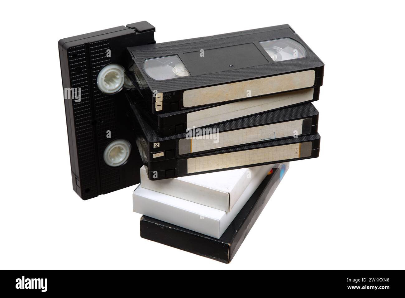 Pile of VHS video cassettes. Vintage media. Isolate on a white ...