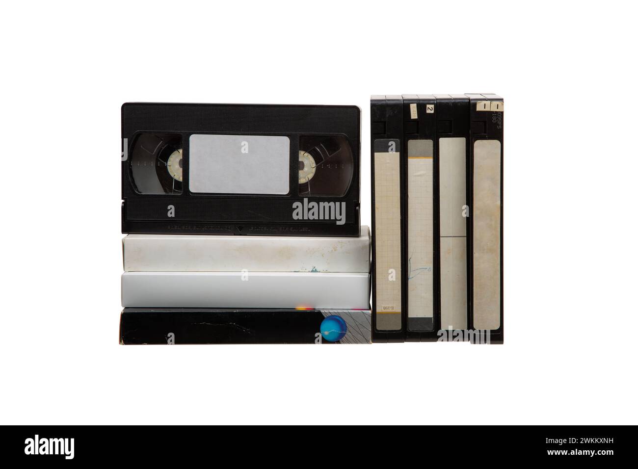 Pile of VHS video cassettes. Vintage media. Isolate on a white ...