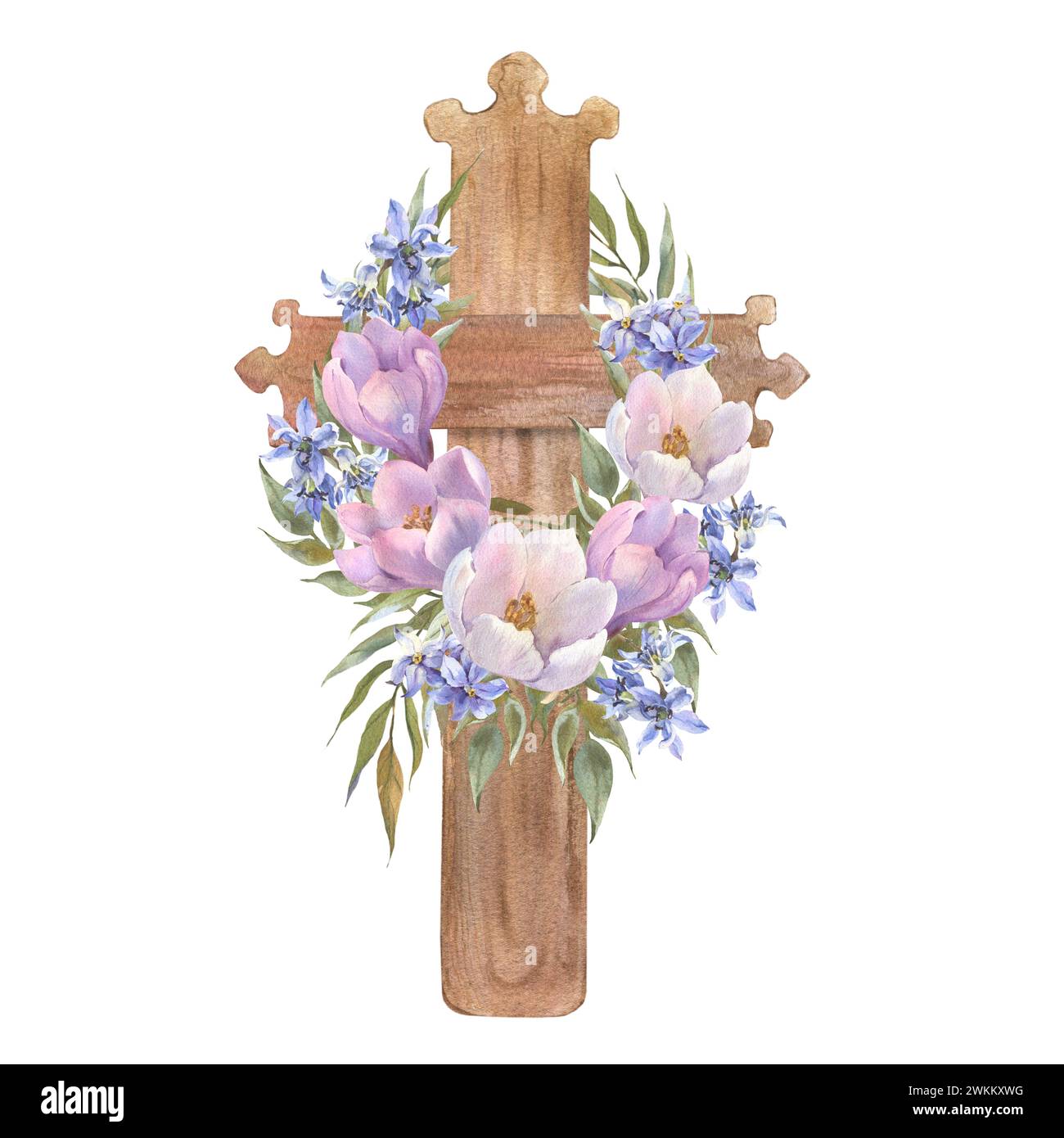 Watercolor cross with flower wreath bouquets. Easter catholic religious ...