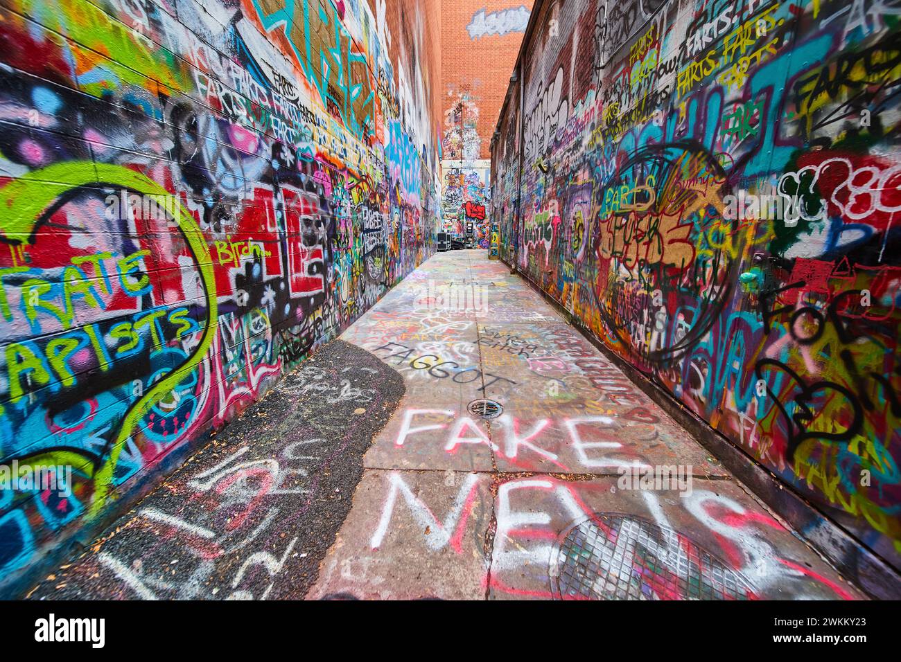 Vibrant Graffiti Alley with FAKE NEWS Urban Art, Wide-Angle View Stock ...