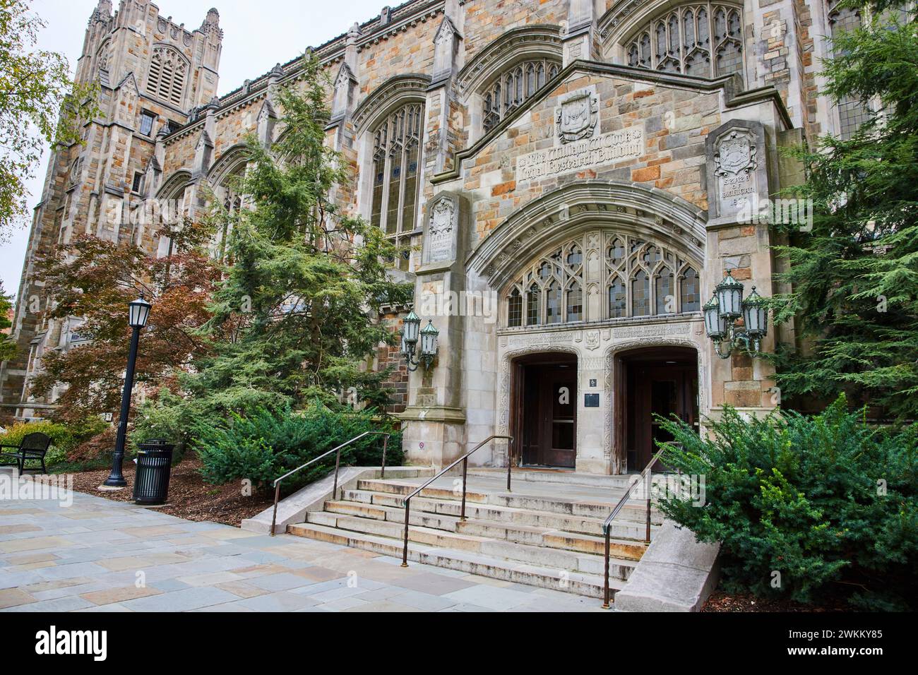 Gothic University Entrance with Lush Greenery, Eye-Level View Stock ...