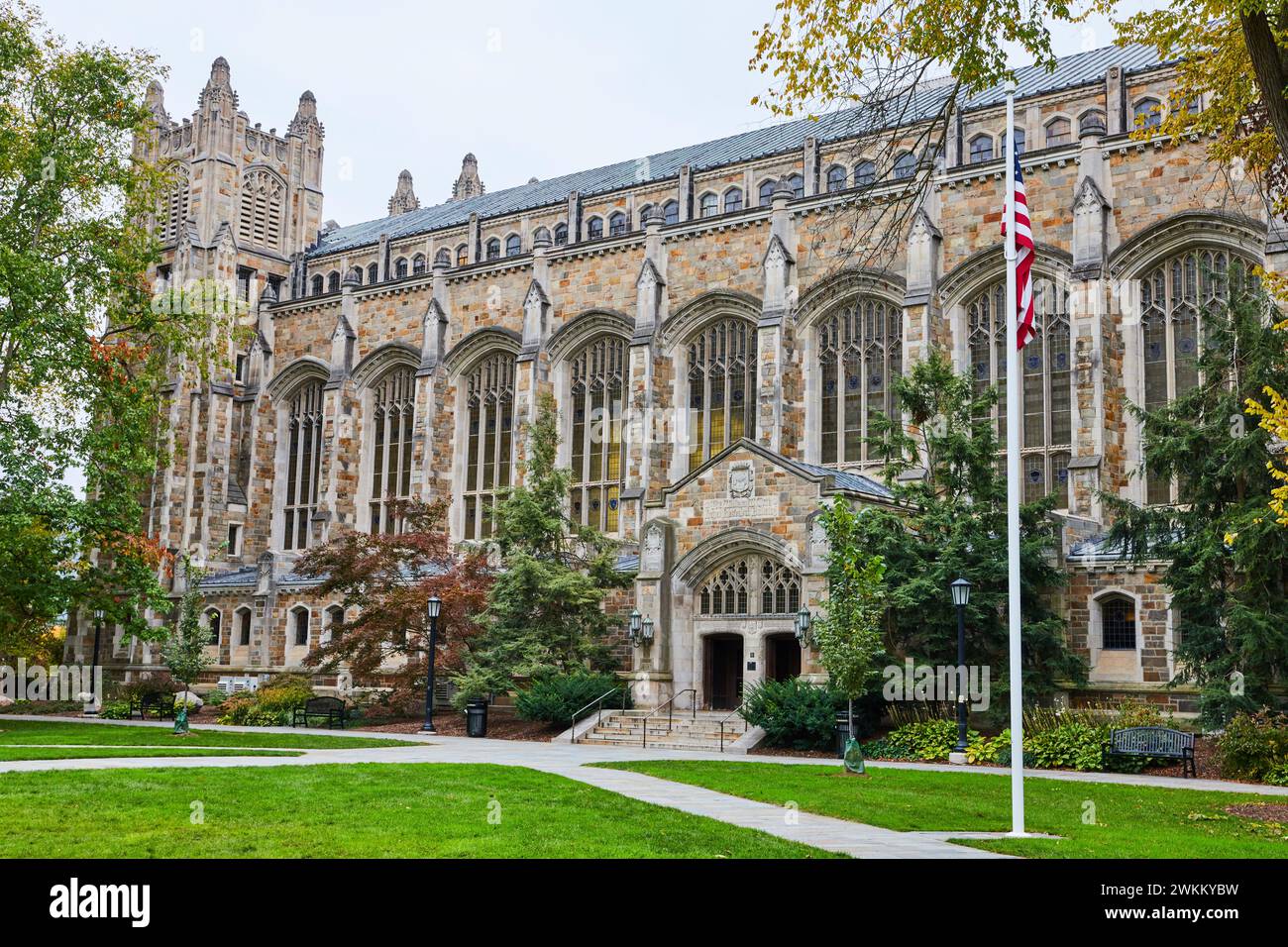 Gothic Architecture at University of Michigan with American Flag Stock ...