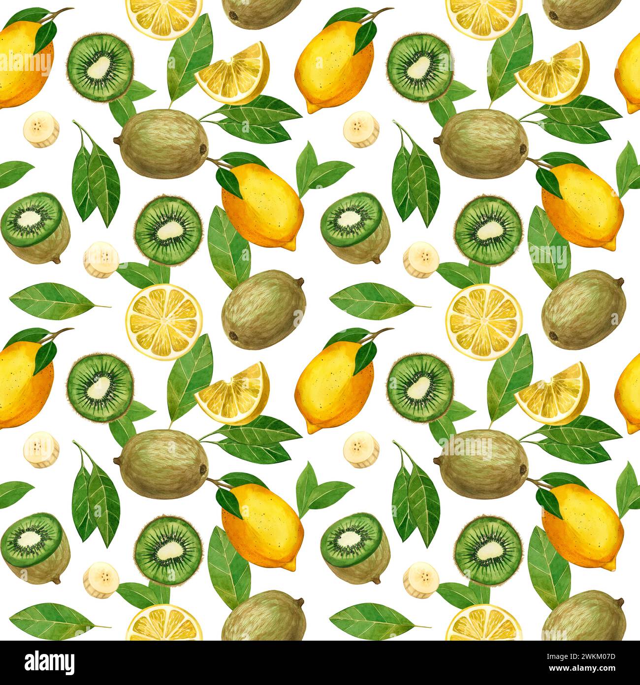 Watercolor seamless background. Ripe fruits: kiwi, banana slices ...