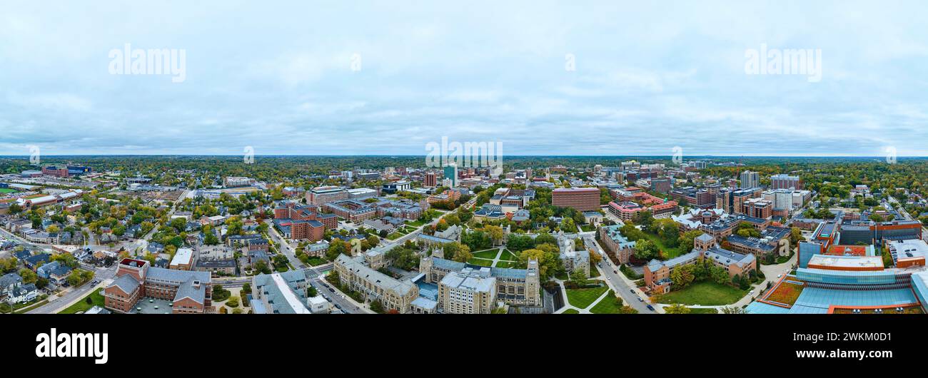 Aerial Long Panorama of Urban Campus and Cityscape, Ann Arbor Michigan ...