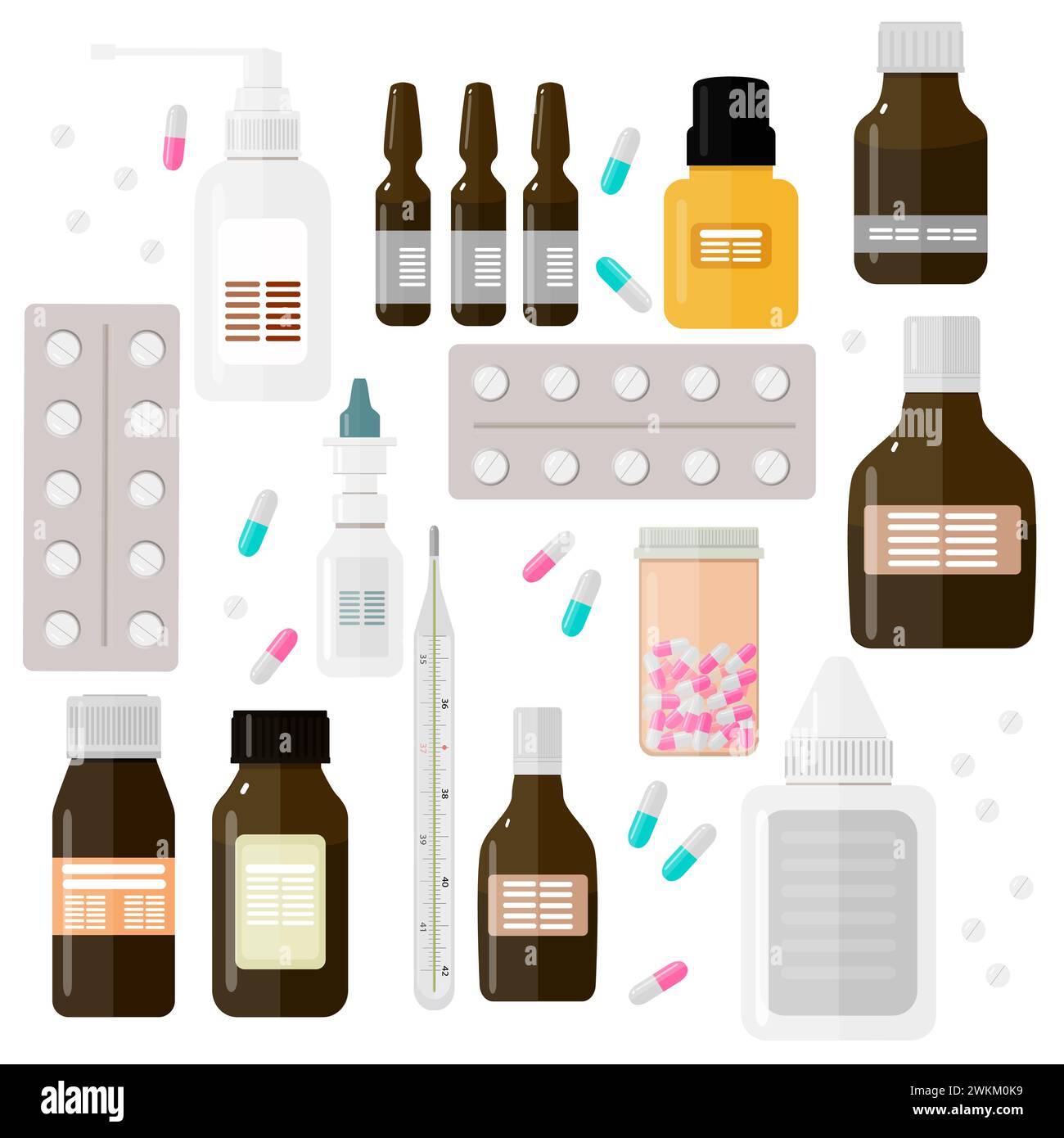 Set of vector pills and capsules. Icons of medicament. Tablets in ...