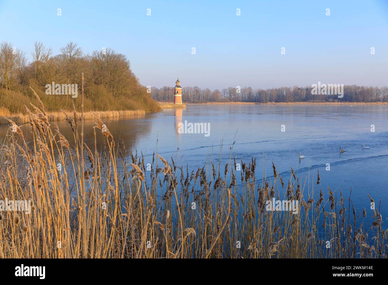 Ausblick über den zugefrorenen Großteich zur Mole mit dem Leuchtturm ...