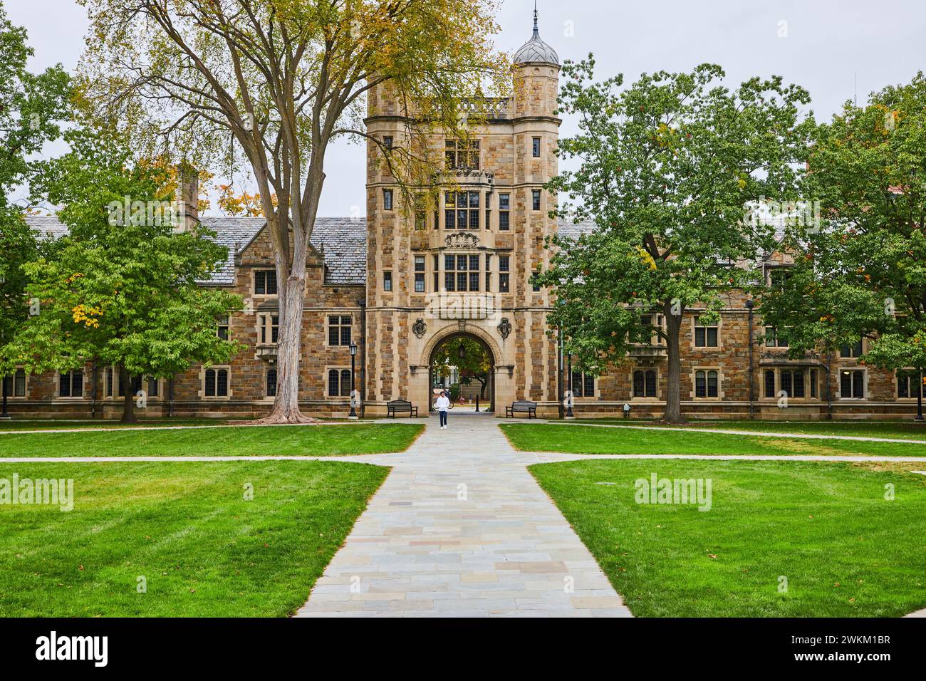 Gothic University Building, Lush Campus Pathway, Autumn Leaves Stock ...
