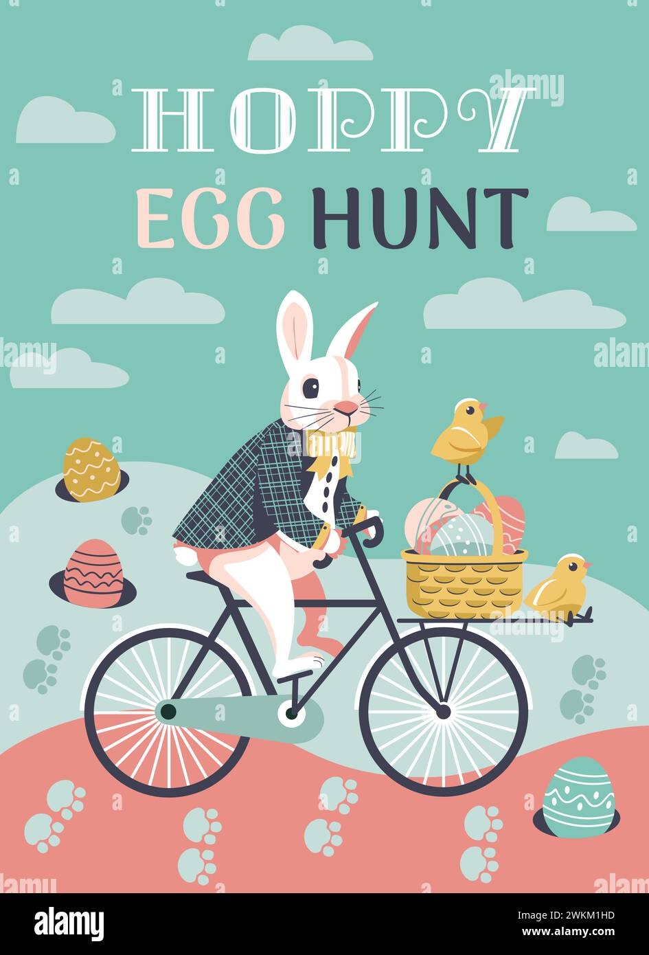 Hoppy Egg Hunt fancy Easter game vector poster. Basket, Easter eggs, rabbit footprints cartoon ...