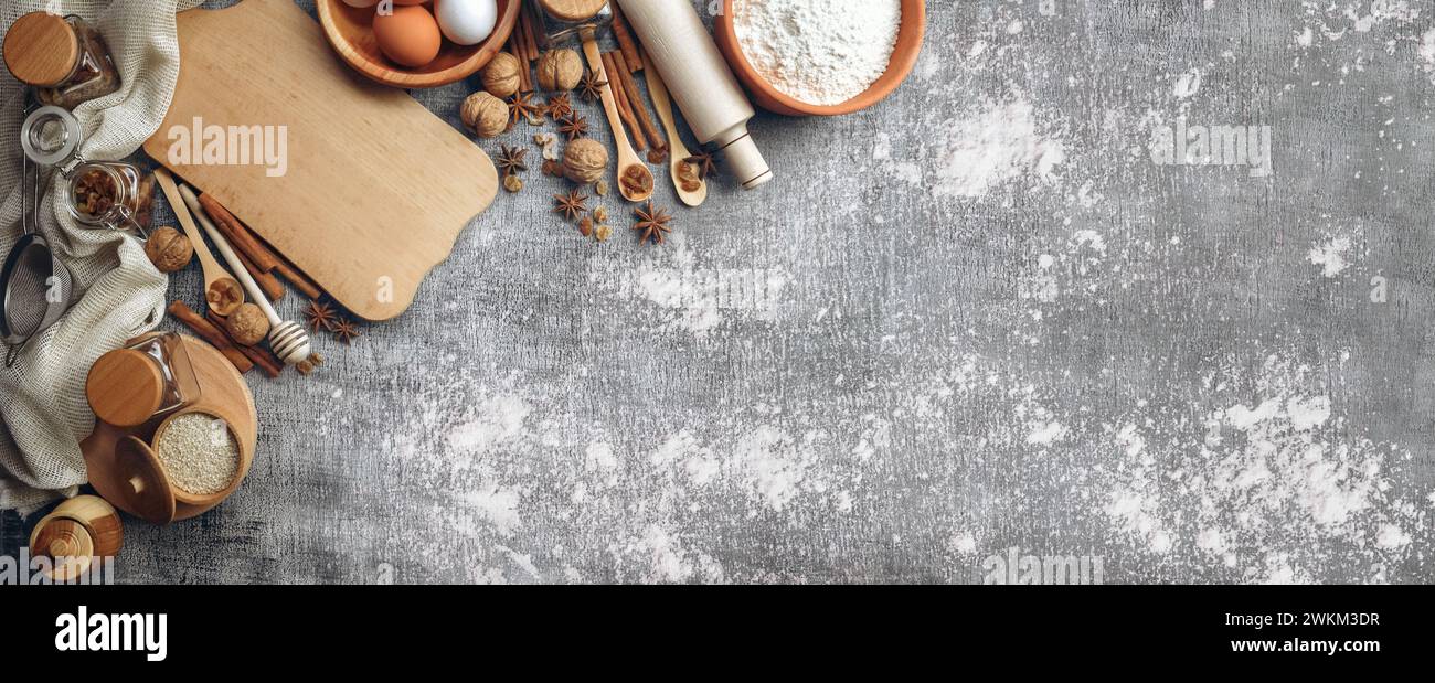 Baking love. Bakery background. Baking ingredients and kitchen utensils ...