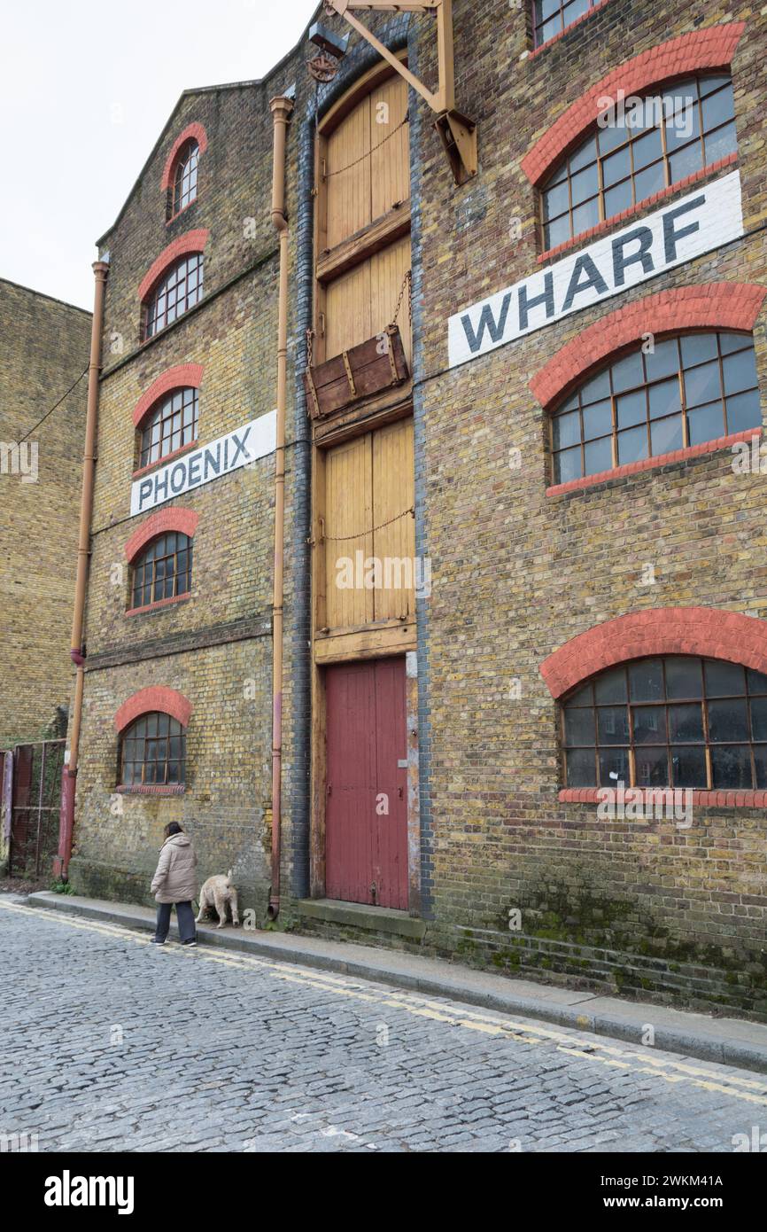 A woman walking her dog next to Phoenix Wharf on the banks of the River ...