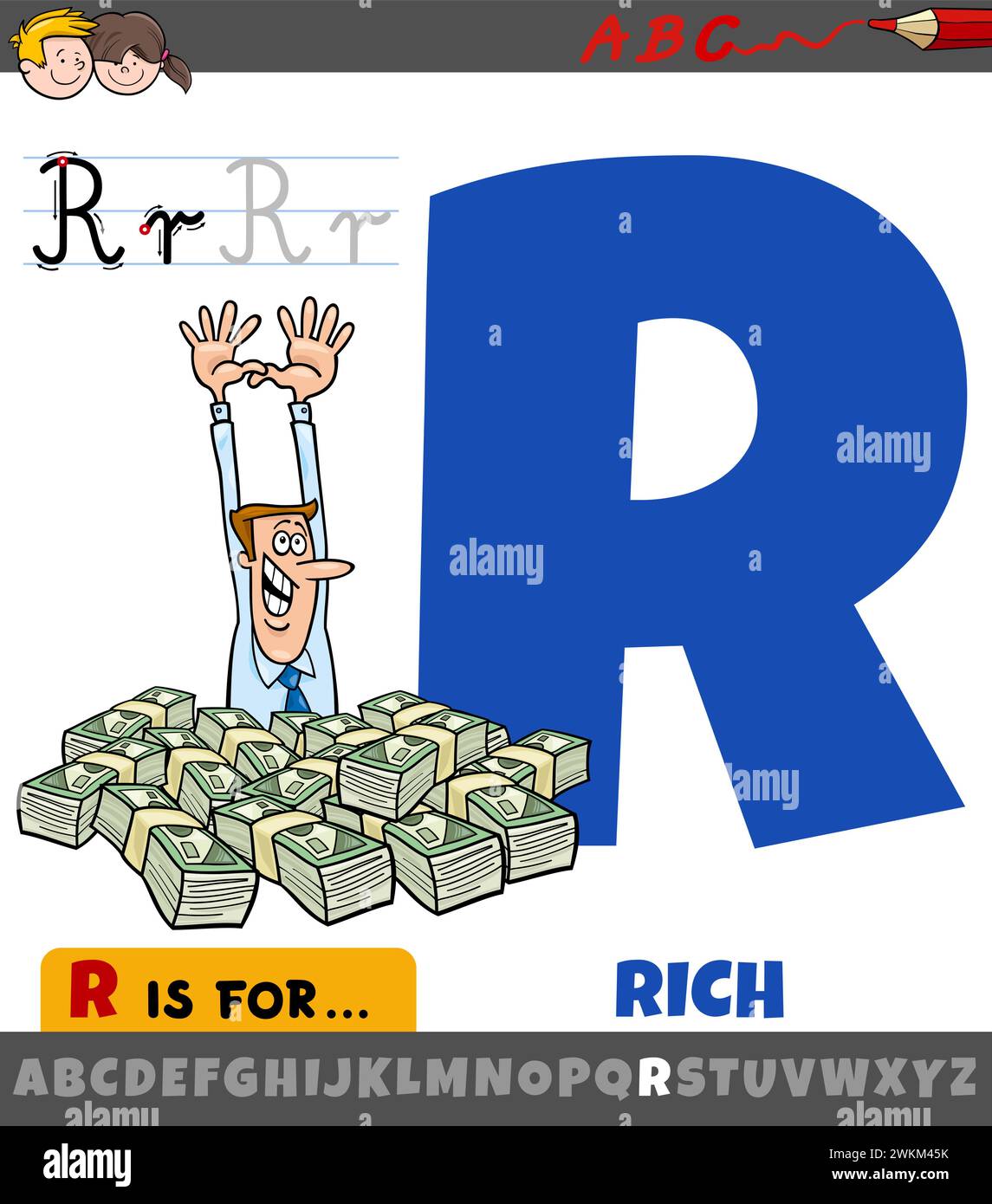 Educational cartoon illustration of letter R from alphabet with rich ...