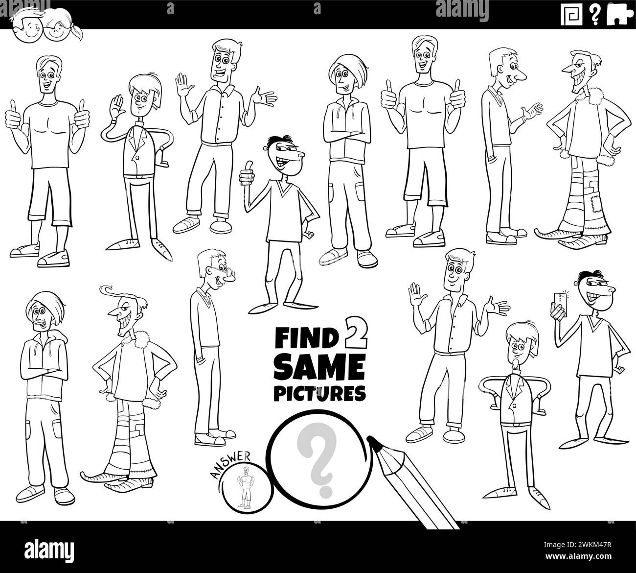 Cartoon illustration of finding two same pictures educational game with ...