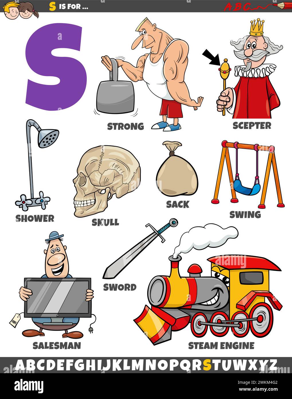 Cartoon illustration of objects and characters set for letter S Stock ...
