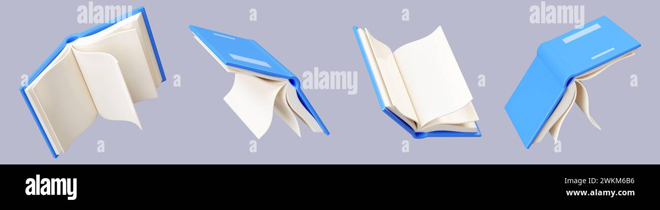 Open paper book with white pages and blue hard cover flying in air in ...