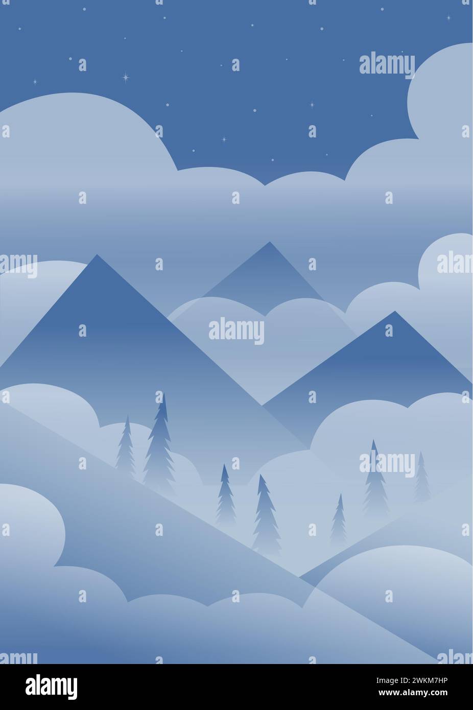 Aesthetic blue mountains among clouds landscape. Evening panorama with ...