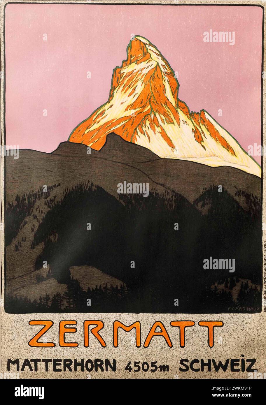 Vintage Travel Poster Zermatt, Matterhorn by Emil Cardinaux, 1908 Stock ...