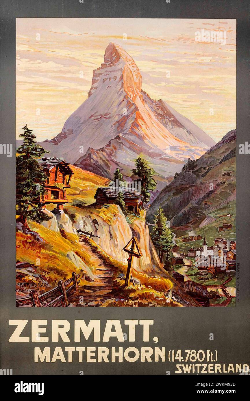 Vintage Travel Poster Zermatt, Matterhorn by François Gos, 1904 Stock ...