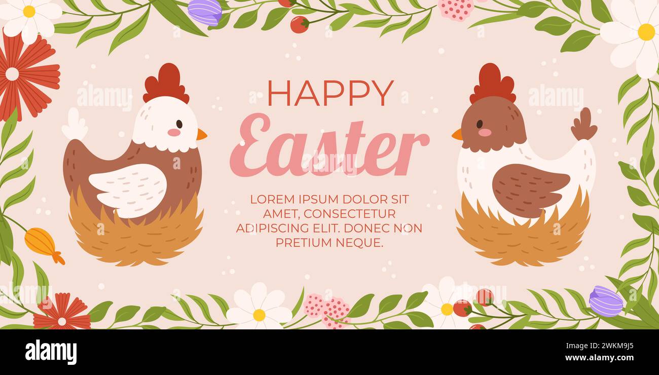 Happy Easter horizontal background template. Design with two chickens ...