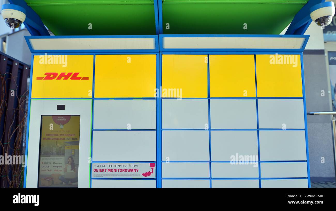 Warsaw, Poland. 16 February 2024. Sign DHL. Company signboard DHL. DHL ...