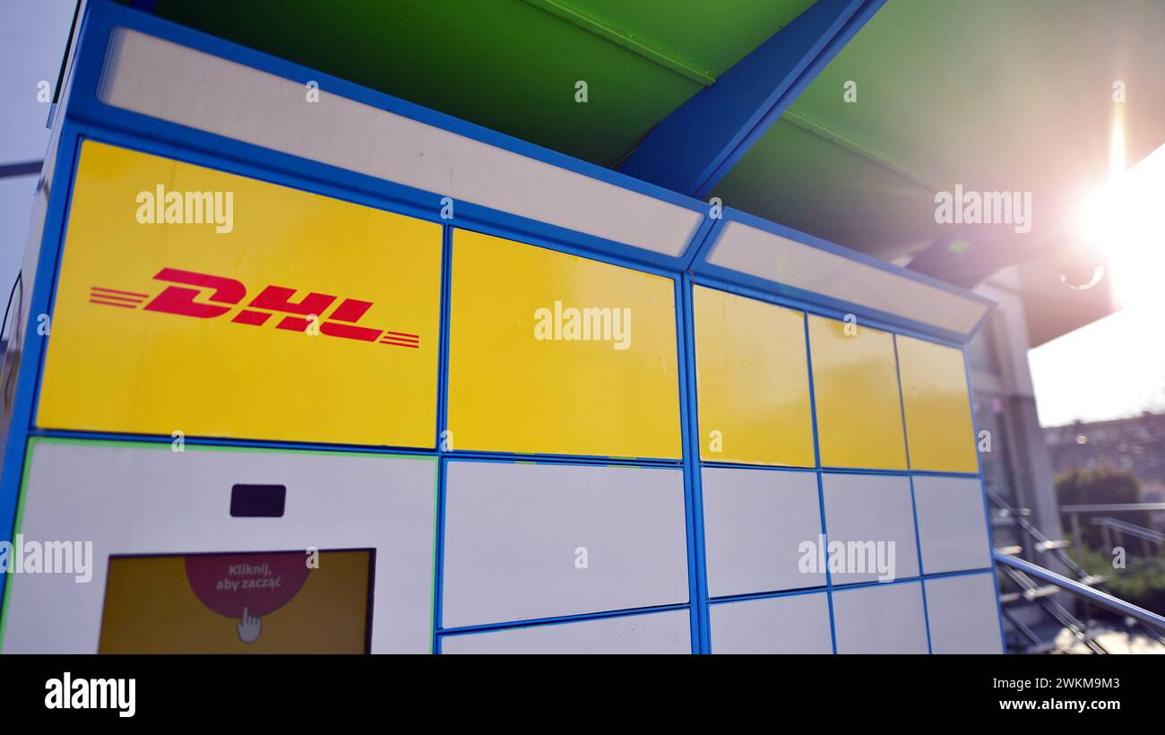 Warsaw, Poland. 16 February 2024. Sign DHL. Company signboard DHL. DHL ...