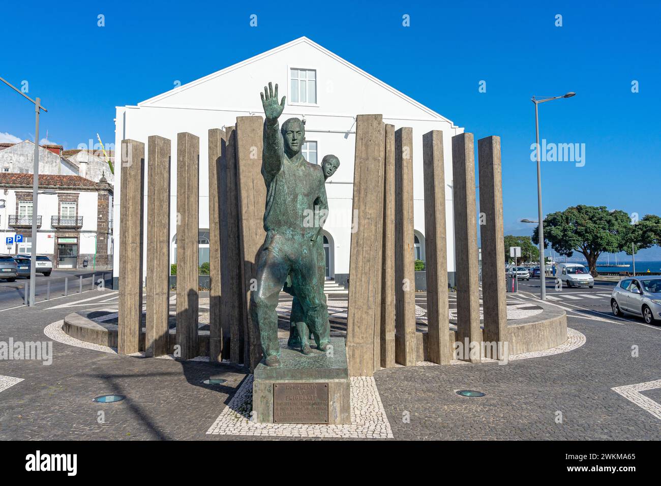 Monument in honor of the Azorean emigrant on an avenue in Ponta Delgada ...