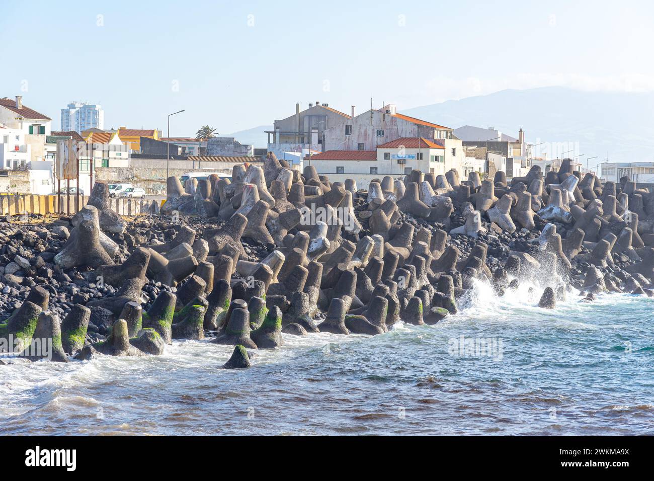 coast facing the Atlantic Ocean with breakwater barriers built by ...