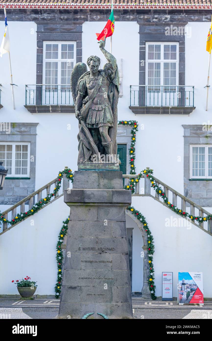facade of Ponta Delgada municipal chamber with statue of Saint Michael the Archangel. Ponta ...